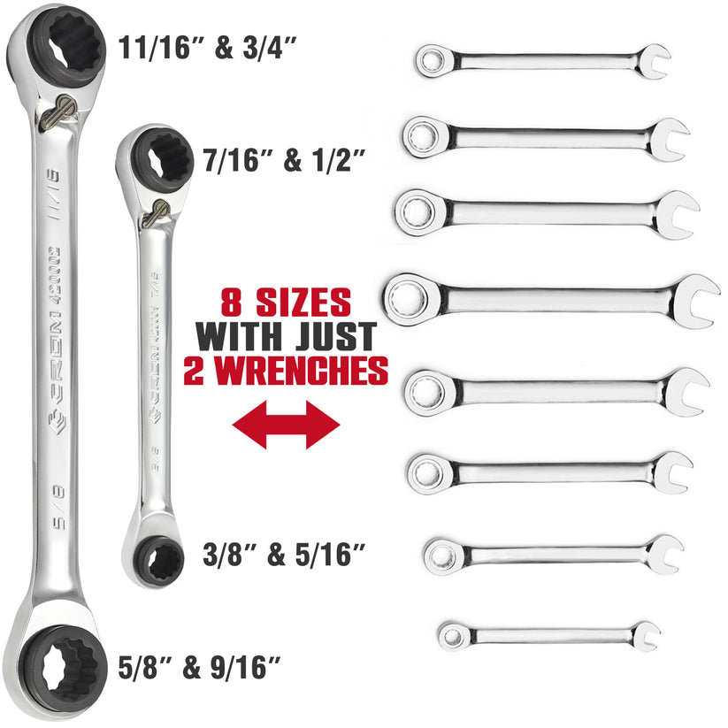 2 Piece 4-in-1 Reversible Ratcheting Wrench Set - 42002 – CROM