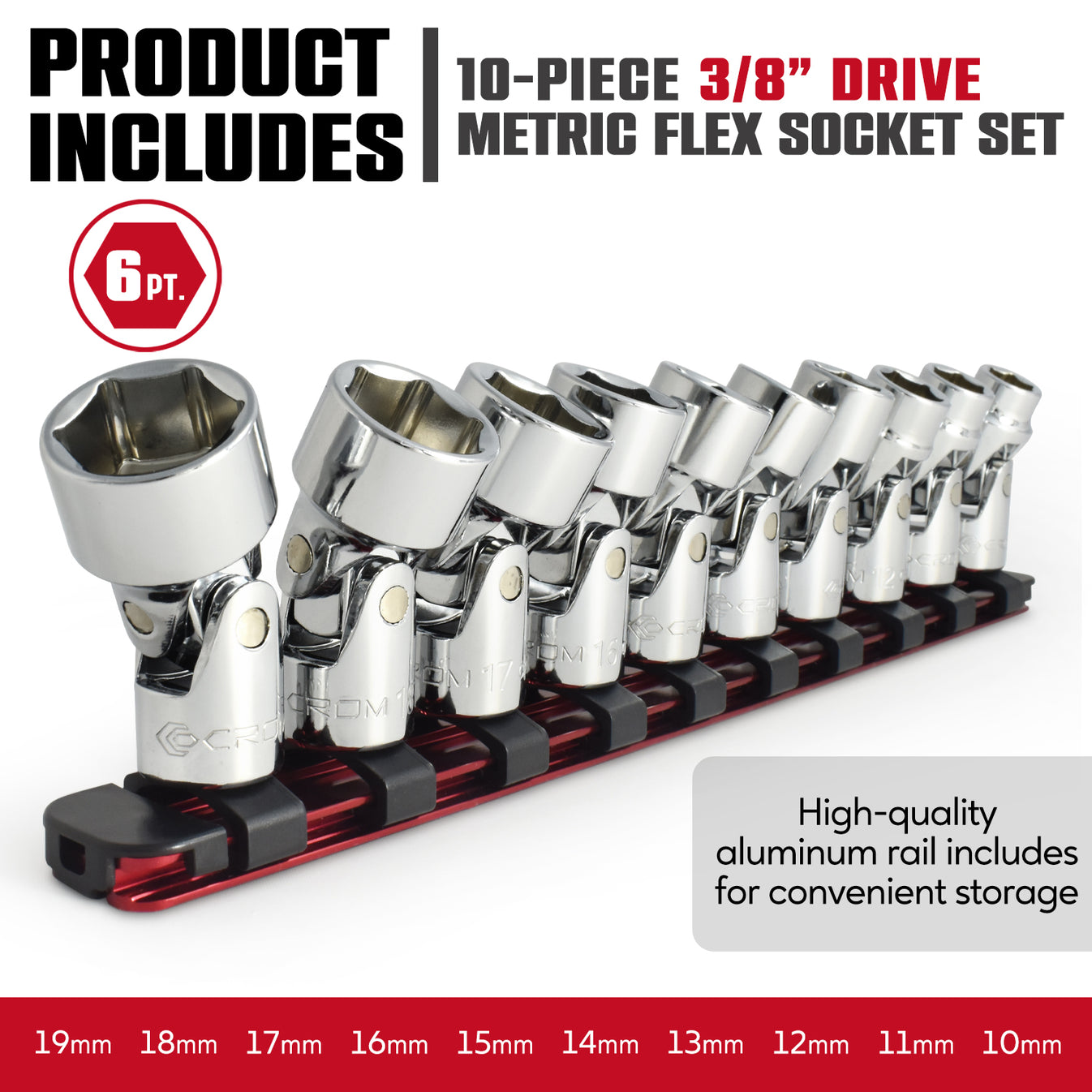 10-Piece 3/8” Drive Metric Flex Socket Set – 6 Points | CROM Tool